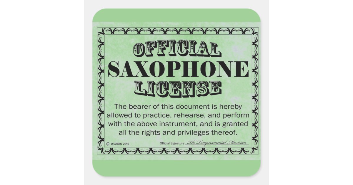 Saxophone License Square Sticker | Zazzle