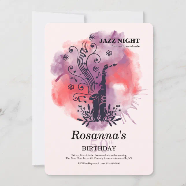 Saxophone Watercolor Birthday Party Invitation | Zazzle