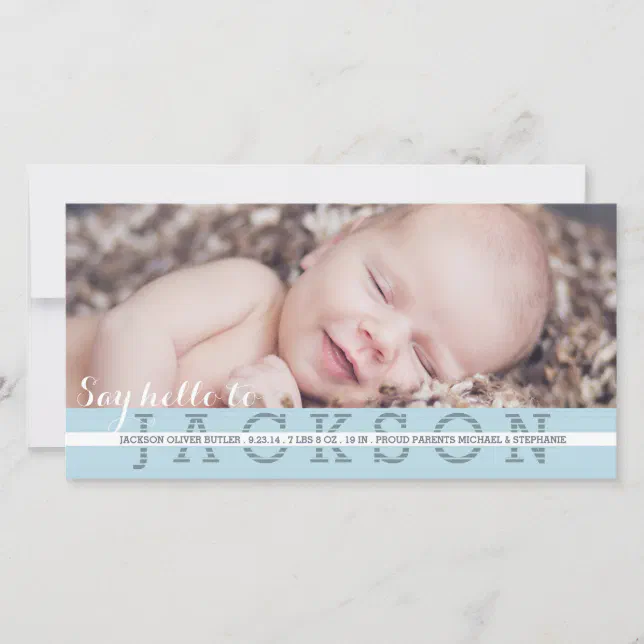 Say Hello Baby Boy Photo Birth Announcement | Zazzle