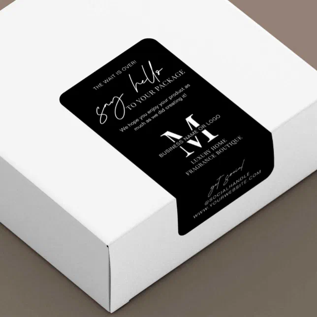 Say Hello To Your Order Monogram Black Packaging Label | Zazzle