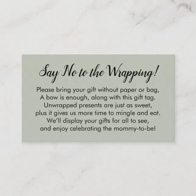 Say No to Wrapping Baby Shower Sage Gift Card | Zazzle