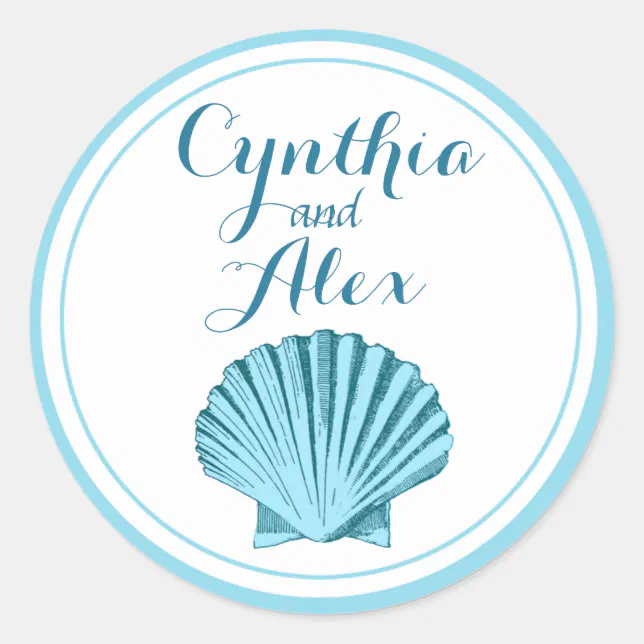 Scallop Seashell Beach Wedding | mint blue Classic Round Sticker | Zazzle