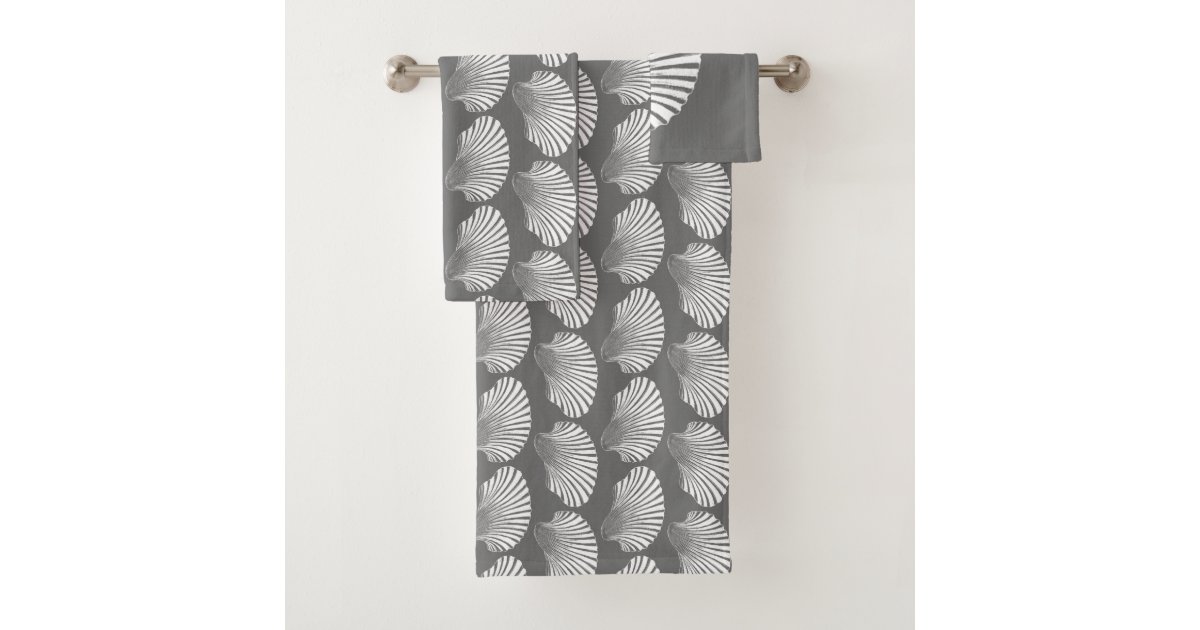 Scallop Shell Block Print, Gray / Grey and White Bath Towel Set | Zazzle