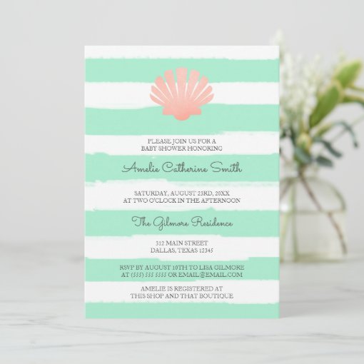 Scallop Shell | Coral & Mint | Baby Shower Invitation | Zazzle