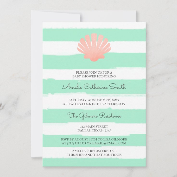 Scallop Shell | Coral & Mint | Baby Shower Invitation | Zazzle