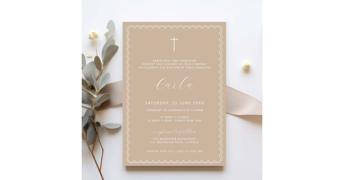 Scalloped border beige christening baptism invitation | Zazzle