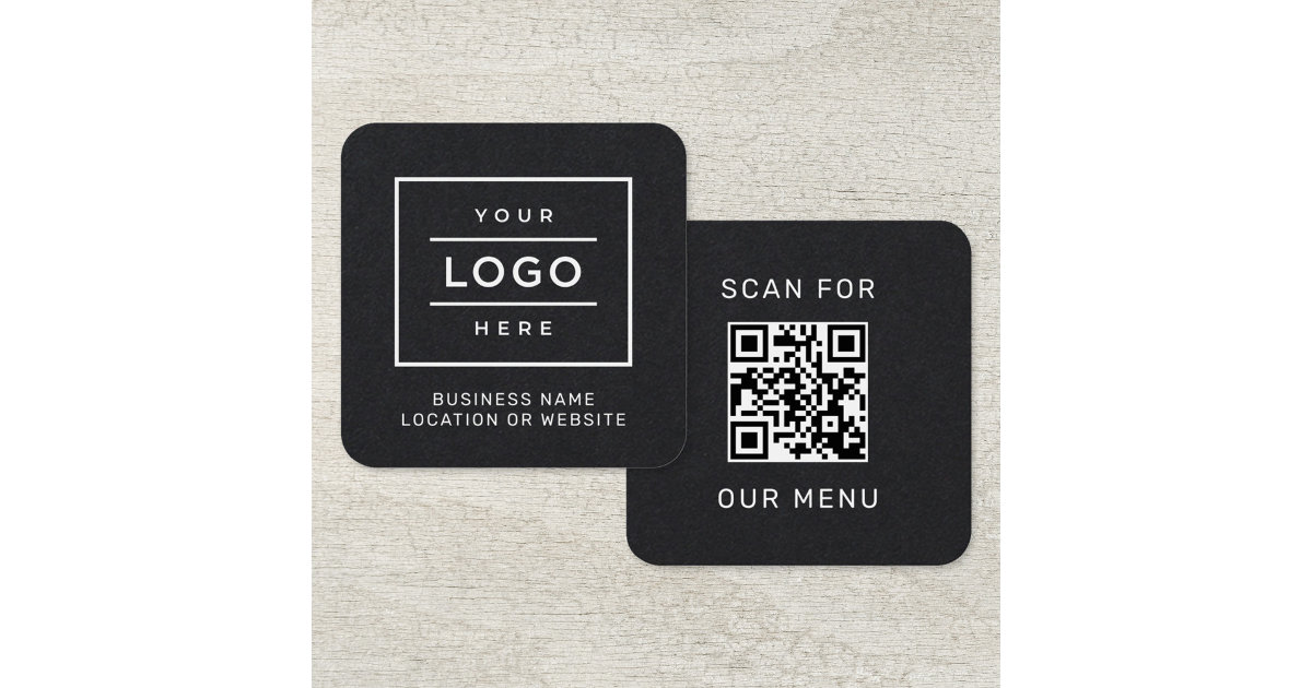 Scan For Our Menu Black Custom QR Code and Logo Square Business Card ...