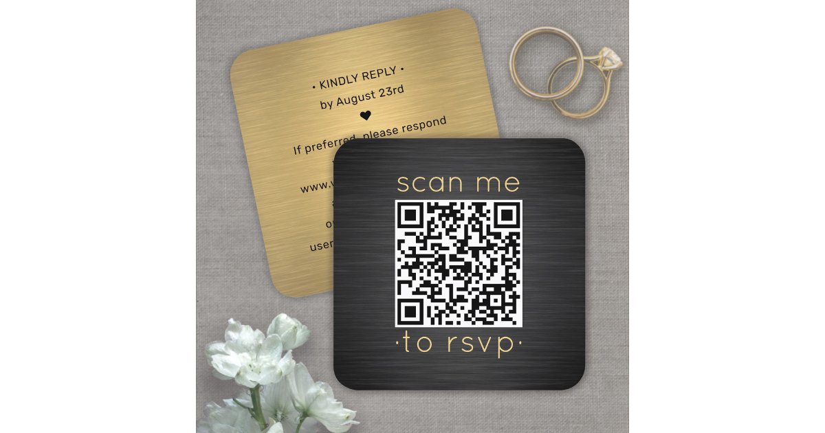 Scan Me QR RSVP Black & Gold Square Wedding Enclosure Card | Zazzle