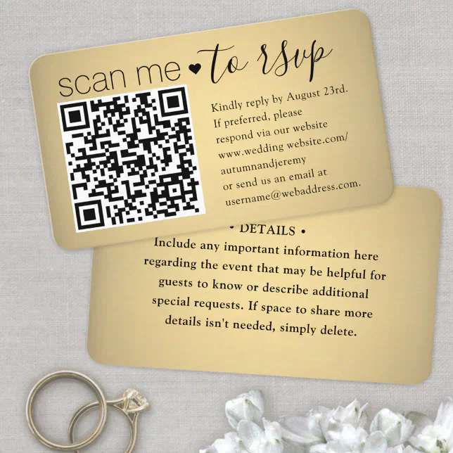 Scan Me QR RSVP & Details Faux Gold Foil Wedding Enclosure Card | Zazzle