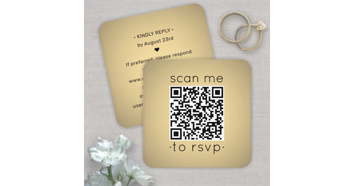 Scan Me QR RSVP Faux Gold Foil Wedding Square Enclosure Card | Zazzle
