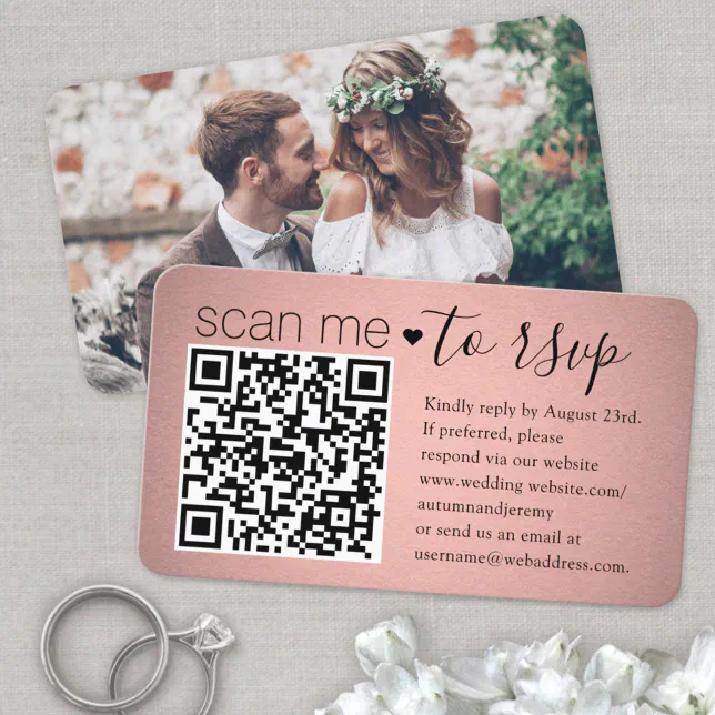 Scan Me QR RSVP Pink Rose Gold Photo Wedding Enclosure Card | Zazzle