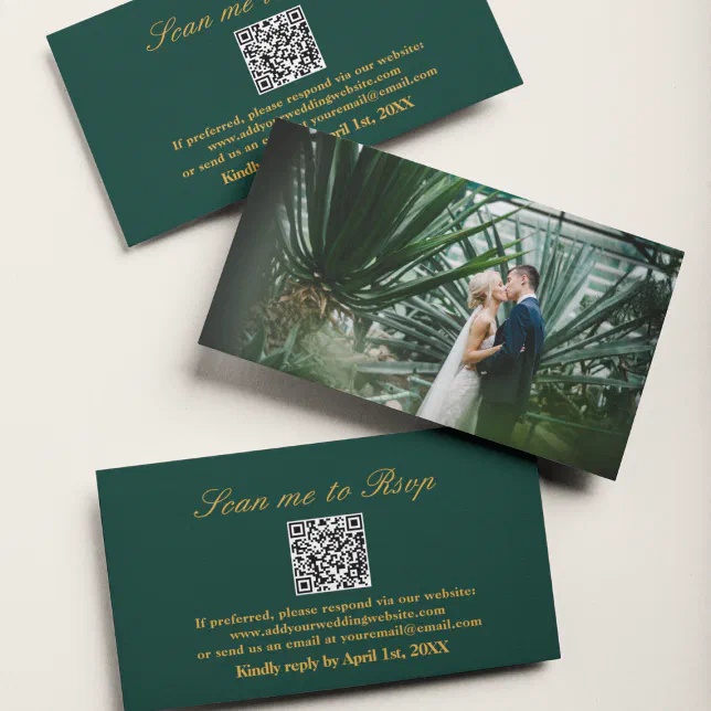 Scan Me RSVP Emerald Green Gold Wedding QR Code Enclosure Card | Zazzle