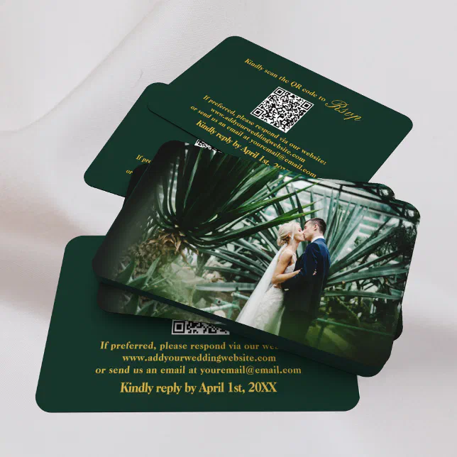 Scan Me RSVP QR Code Emerald Green Gold Wedding Enclosure Card | Zazzle