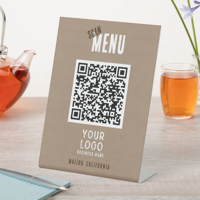 Scan Menu QR Code Rusitc Charm Business Logo Pedestal Sign | Zazzle
