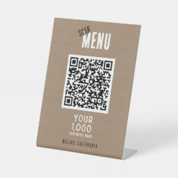 Scan Menu QR Code Rusitc Charm Business Logo Pedestal Sign | Zazzle