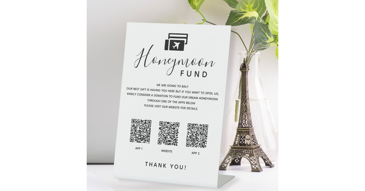 Scan QR Code App Digital Honeymoon Fund Wedding Pedestal Sign | Zazzle