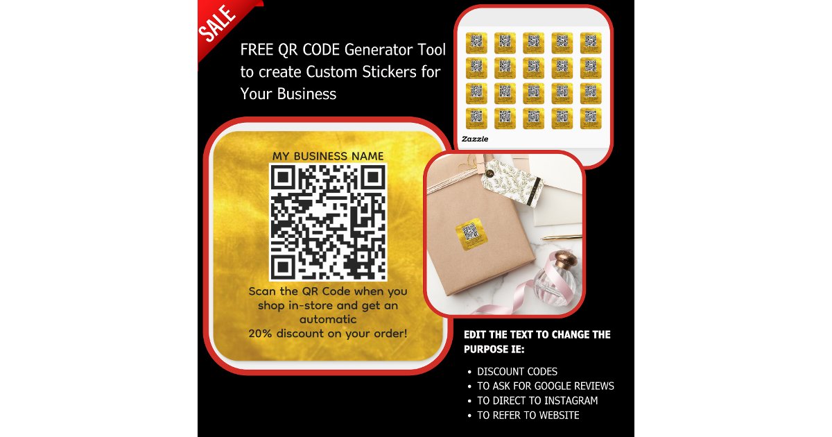 Scan QR Code Discount CUSTOM BRANDED Gold Square Sticker | Zazzle