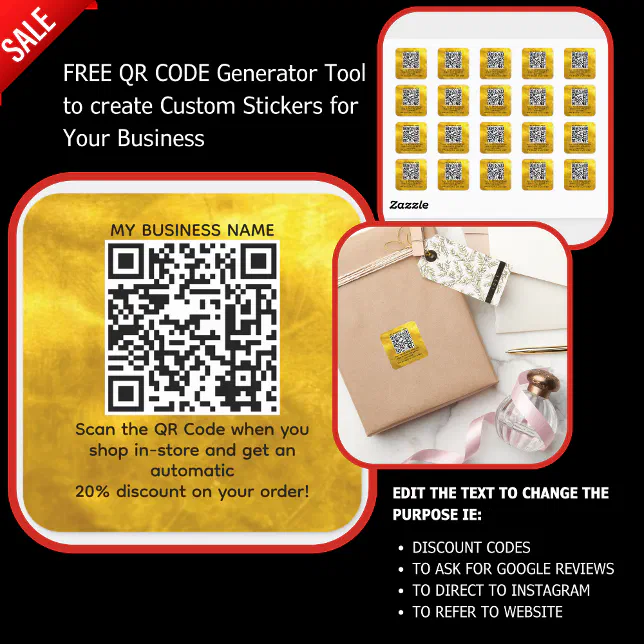 Scan QR Code Discount CUSTOM BRANDED Gold Square Sticker | Zazzle