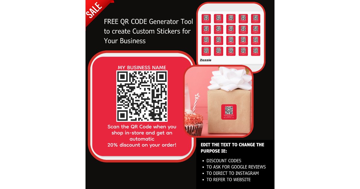 Scan QR Code for a Discount CUSTOM BRANDED RED Square Sticker | Zazzle