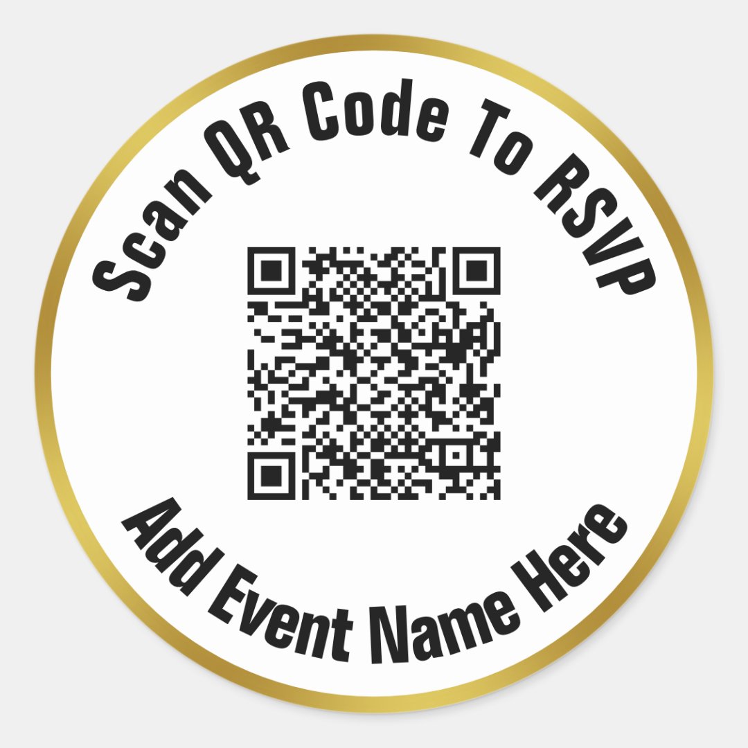 Scan QR Code To RSVP Event Name Black White Gold Classic Round Sticker ...
