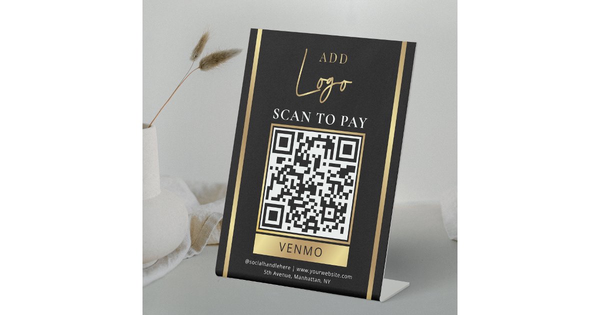 Scan to Pay Black & Gold Business Logo QR Code Pedestal Sign | Zazzle