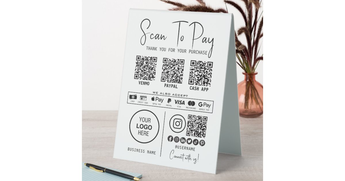 Scan To Pay Business Qr Code Payment Modern Black Table Tent | Zazzle