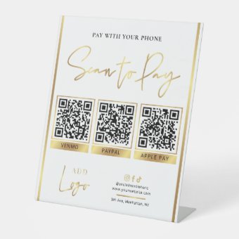 Scan to Pay Gold Business Logo Payment 3 QR Codes Pedestal Sign | Zazzle