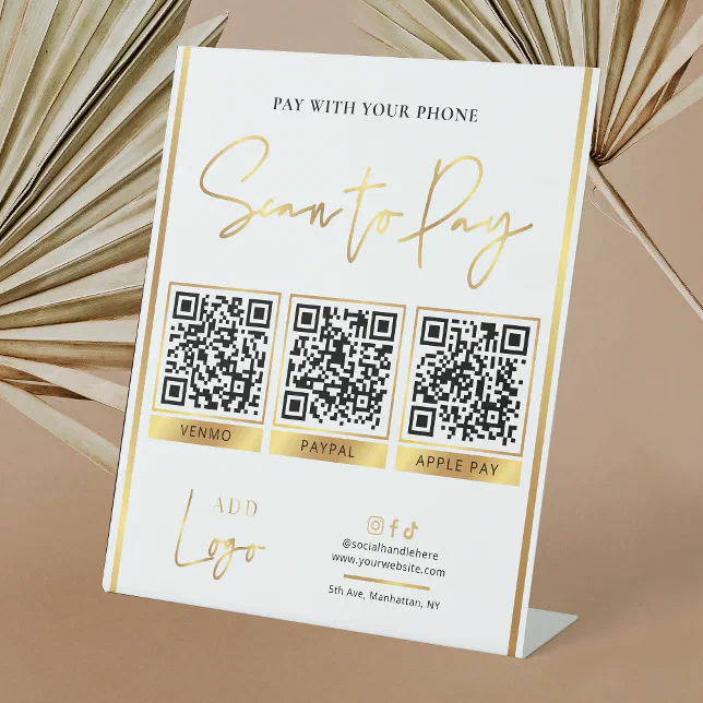 Scan to Pay Gold Business Logo Payment 3 QR Codes Pedestal Sign | Zazzle