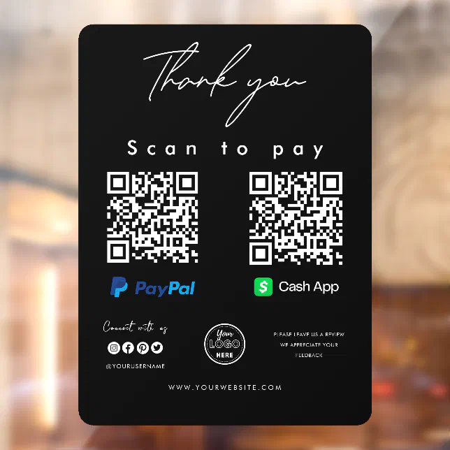 Scan to Pay Logo Paypal Cash App QR Code Thank you Window Cling | Zazzle