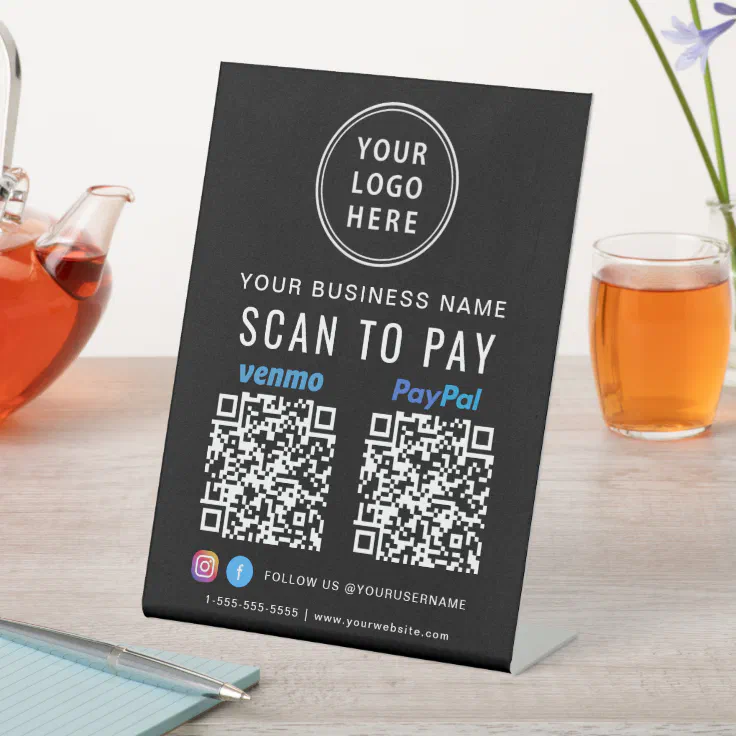 Scan to Pay Logo Paypal Venmo QR Codes Black Pedestal Sign | Zazzle