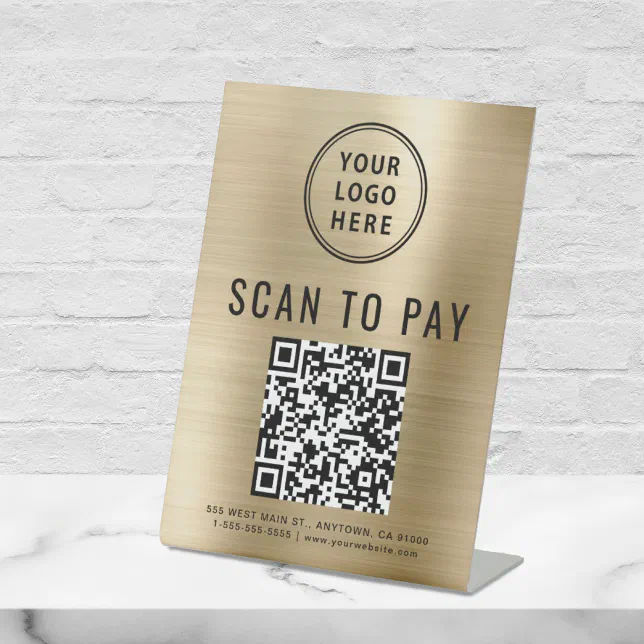 Scan to Pay Logo QR Code Gold Pedestal Sign | Zazzle
