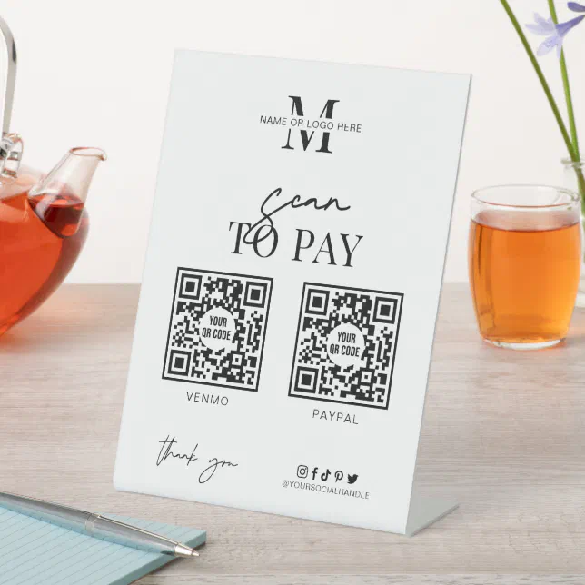 Scan to Pay QR Codes Minimalist Black & White Logo Pedestal Sign | Zazzle
