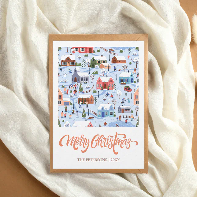 Scandi Christmas Village Non photo Cozy Pastel Holiday Card | Zazzle