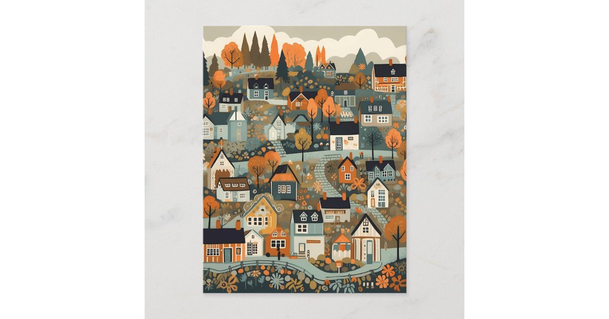 Scandi Village At Fall Time Art Postcard | Zazzle