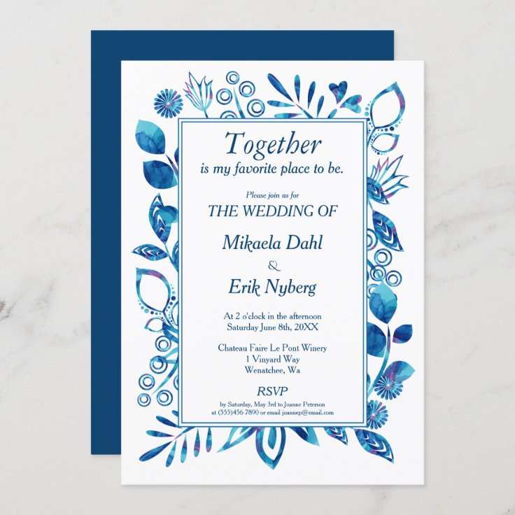 Scandinavian Blue Floral Pattern Wedding Invitation | Zazzle