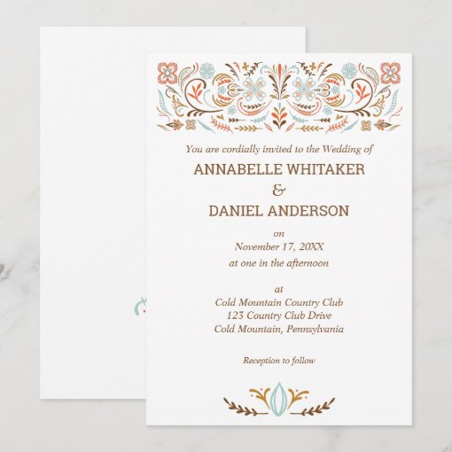Scandinavian Folk Art Autumn Colors Wedding Invitation | Zazzle