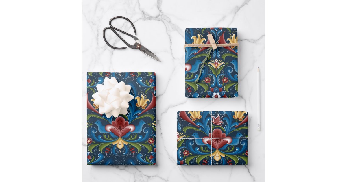 Scandinavian Folk Art Blue Red Floral Pattern Wrapping Paper Sheets ...