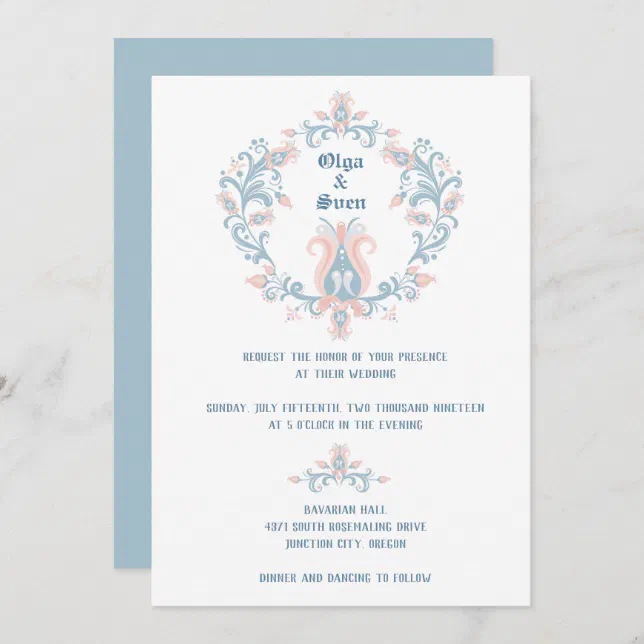 Scandinavian Folk Art Blush & Blue Wedding Invitat Invitation | Zazzle