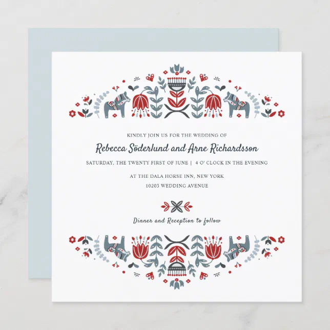 Scandinavian Folk Art Dala Horse Flower Wedding Invitation | Zazzle