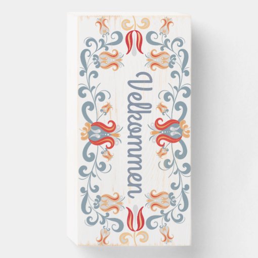 Scandinavian Folk Art Velkommen Wood Welcome Sign | Zazzle