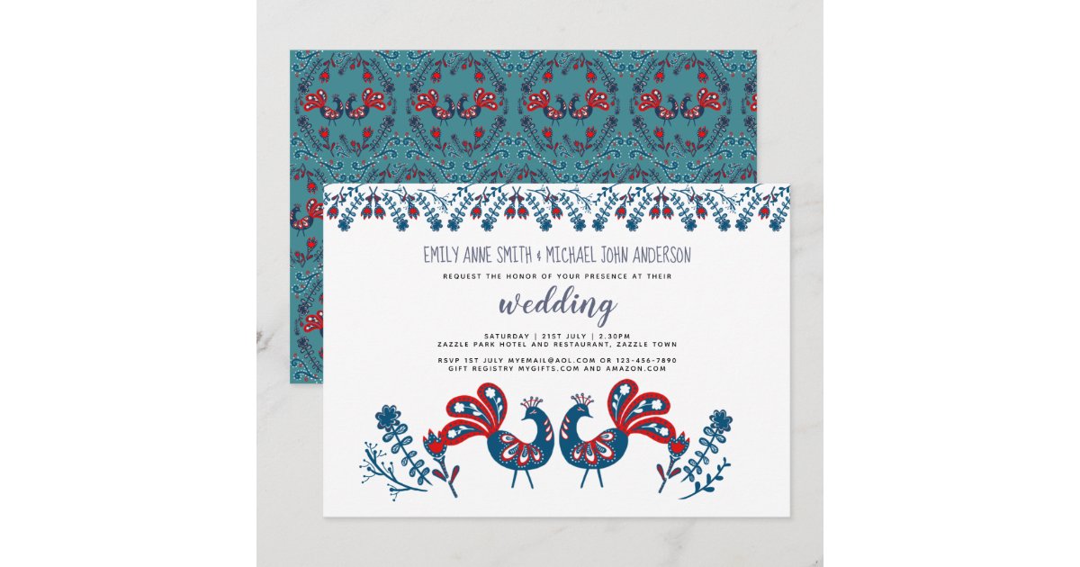Scandinavian Folk Art WEDDING Invitation Birds | Zazzle