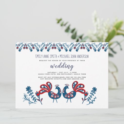 Scandinavian Folk Art WEDDING Invitation Birds | Zazzle