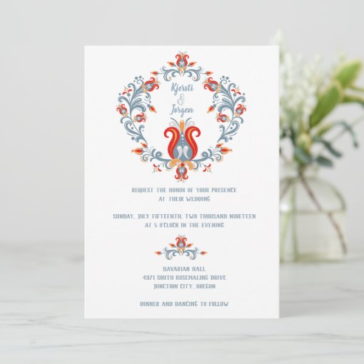 Scandinavian Folk Art Wedding Invitation Blue | Zazzle