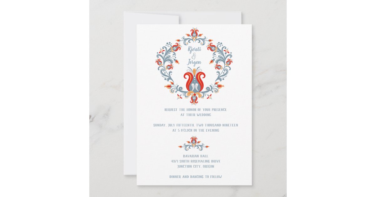Scandinavian Folk Art Wedding Invitation Blue | Zazzle