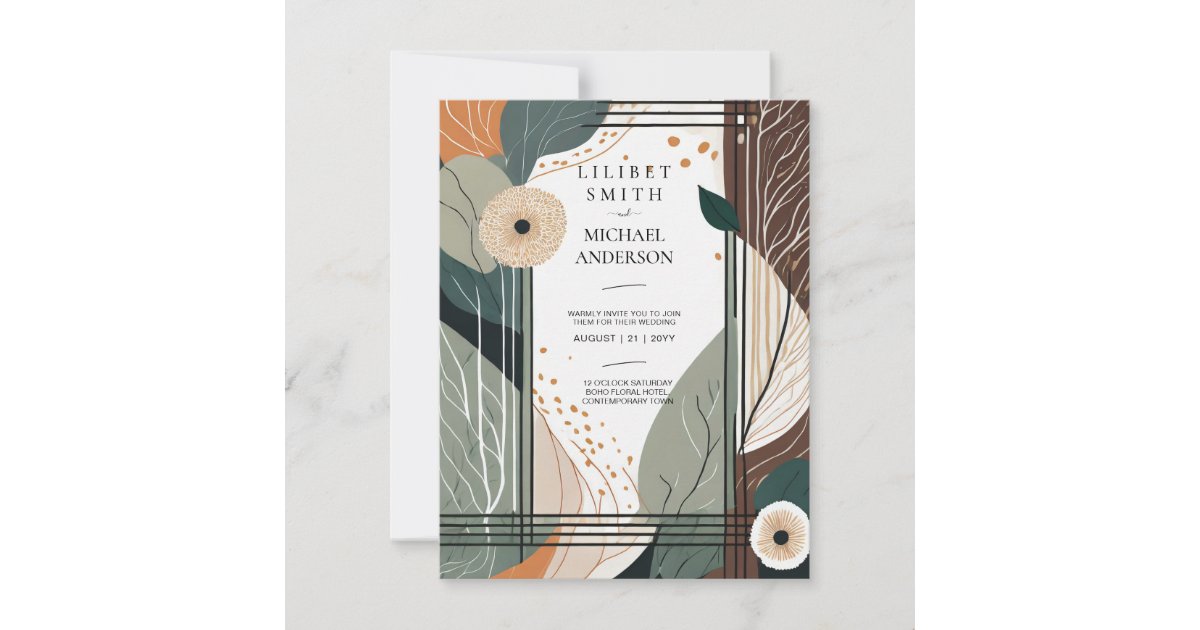 Scandinavian Japandi Wedding Abstract Sage Brown Invitation | Zazzle