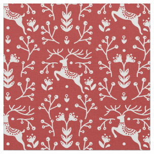Scandinavian Reindeer Red & White Holiday Folk Art Fabric | Zazzle