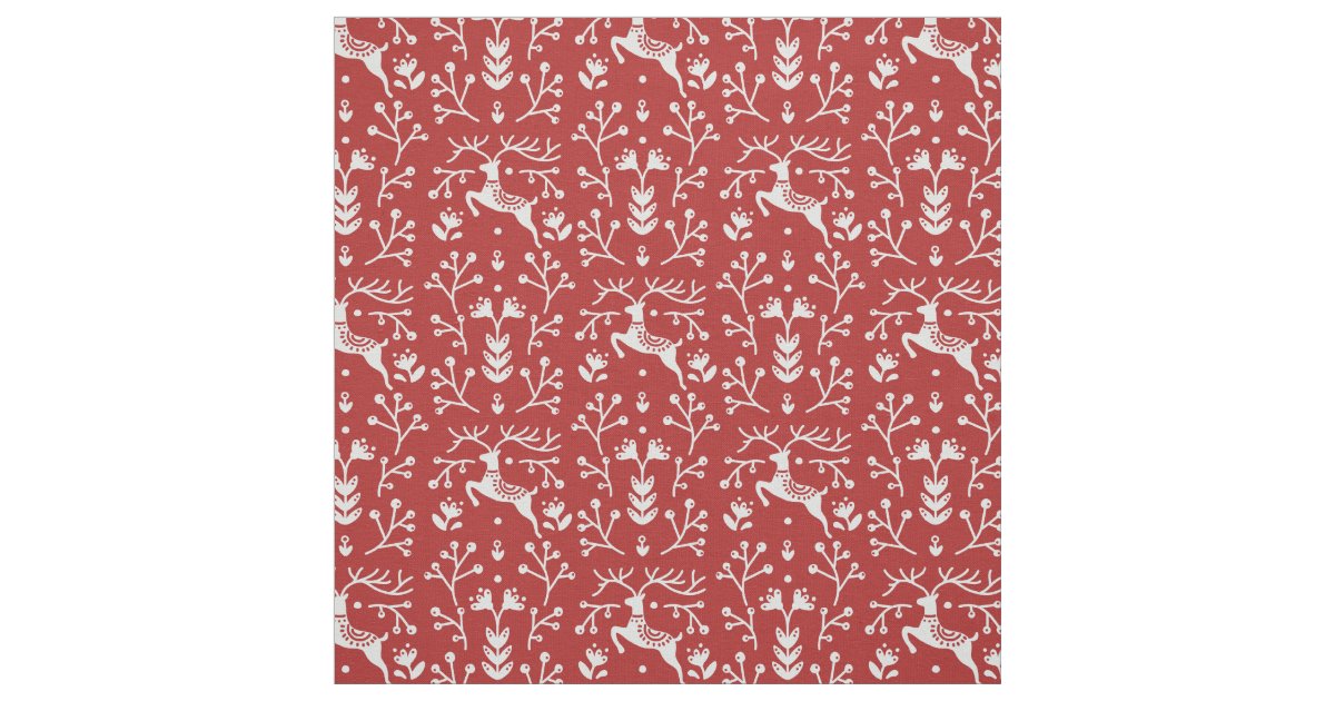 Scandinavian Red White Reindeer Floral Christmas Fabric | Zazzle