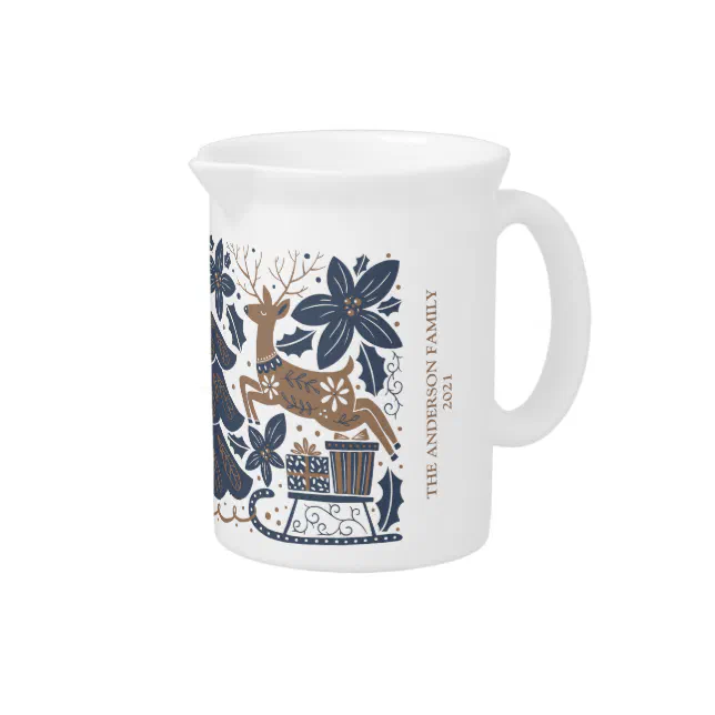 Scandinavian Reindeer Tree Floral Navy Gold Beverage Pitcher | Zazzle