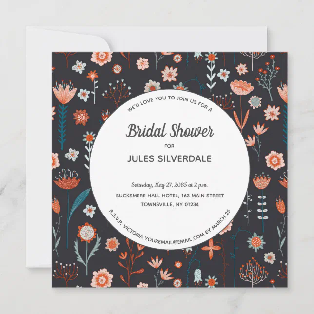 Scandinavian Summer Flowers Dark Bridal Shower Invitation | Zazzle
