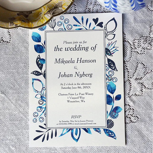 Scandinavian Winter Blue-Gray Floral Pattern Invitation | Zazzle